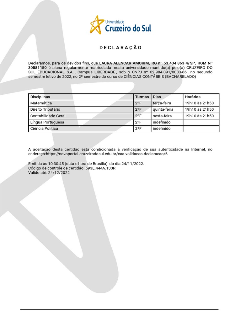 Declaração de Matrícula de Laura Alencar Amorim no Curso de Ciências ...
