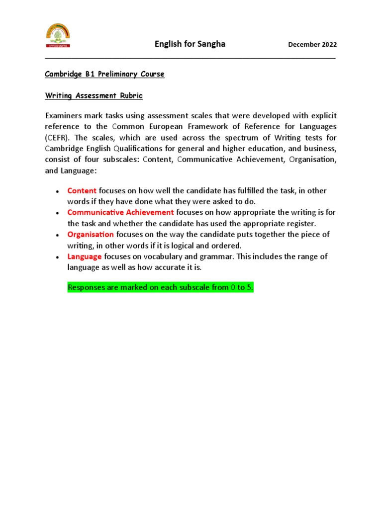 Cambridge B1 Writing Assessment Rubric | PDF