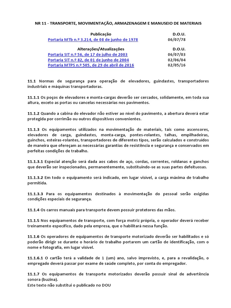 NR 11 - Transporte, Movimentação, Armazenagem e Manuseio de Materiais ...