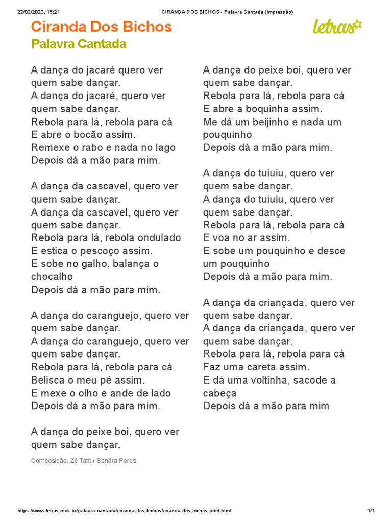 CIRANDA DOS BICHOS - Palavra Cantada (Impressão) | PDF