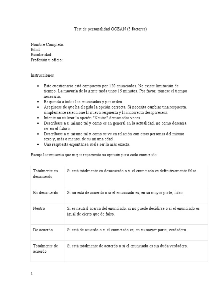 Test de Personalidad OCEAN | PDF