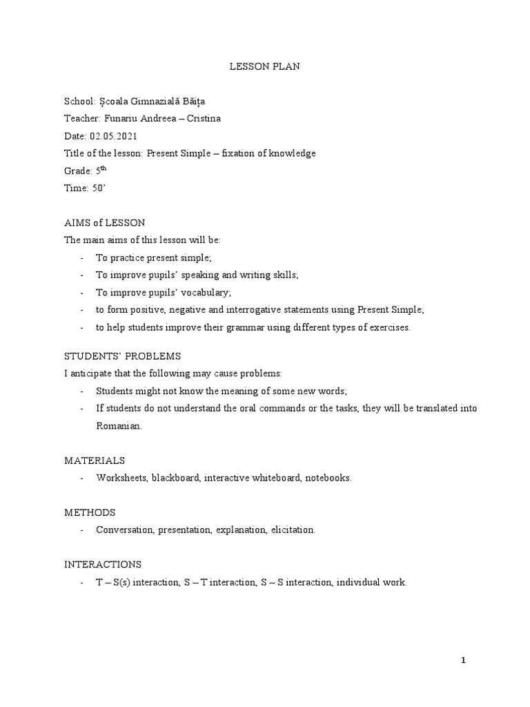 5th Grade Present Simple Lesson Plan | PDF | Teachers | Lesson Plan