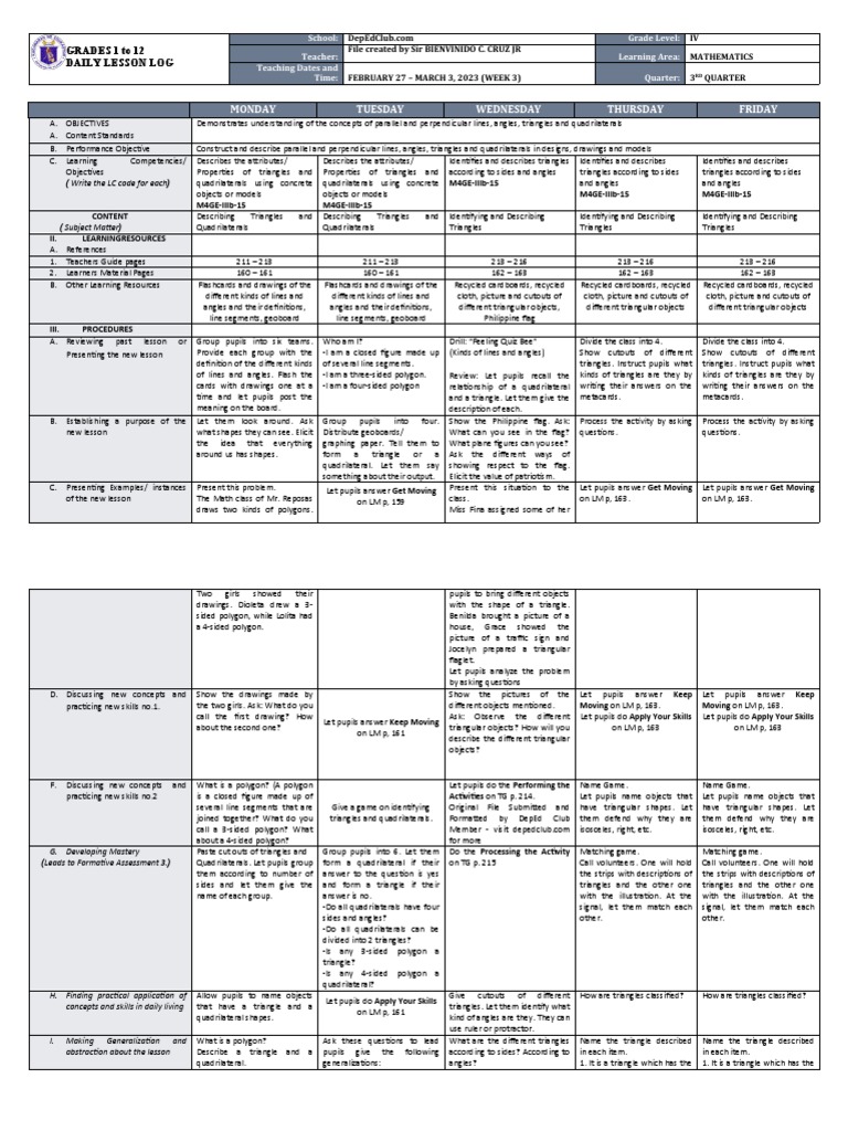 DLL - Mathematics 4 - Q3 - W3 | PDF | Triangle | Shape
