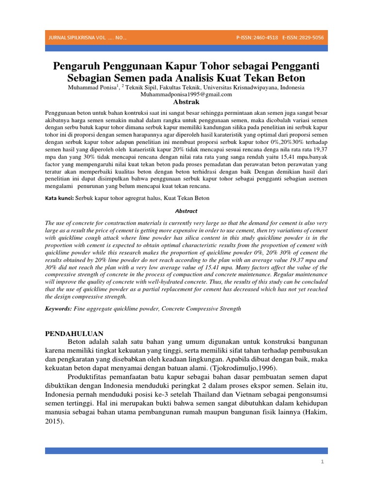 Pengaruh Penggunaan Kapur Tohor Sebagai Pengganti Sebagian Semen Pada Analisis Kuat Tekan Beton ...
