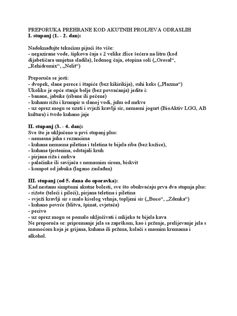 Preporuka Prehrane Kod Akutnih Proljeva Odraslih | PDF