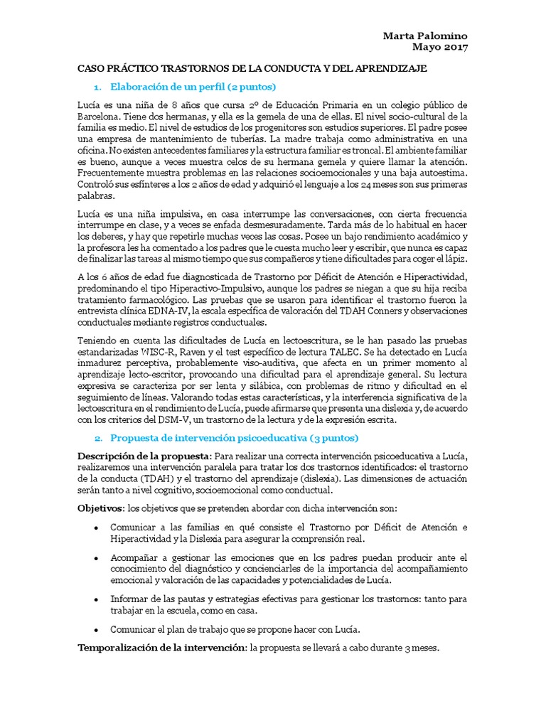 Caso Práctico Trastornos de La Conducta y El Aprendizaje PDF | PDF | Desorden hiperactivo y ...