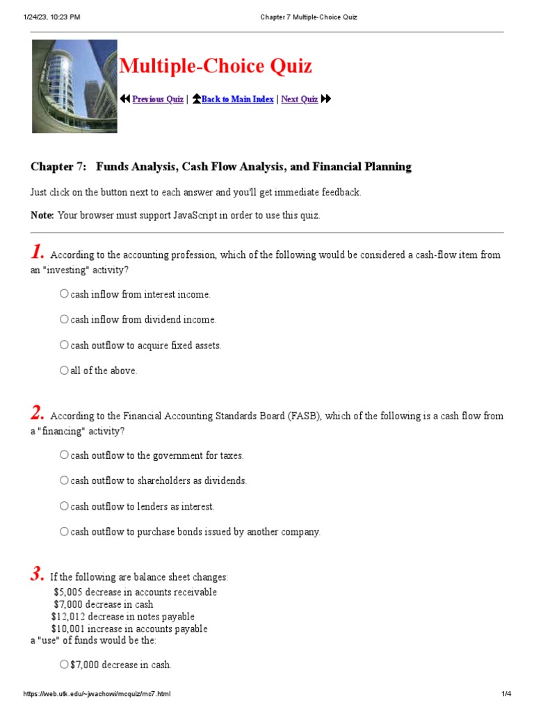 Chapter 7 Multiple-Choice Quiz | PDF | Cash Flow Statement | Dividend
