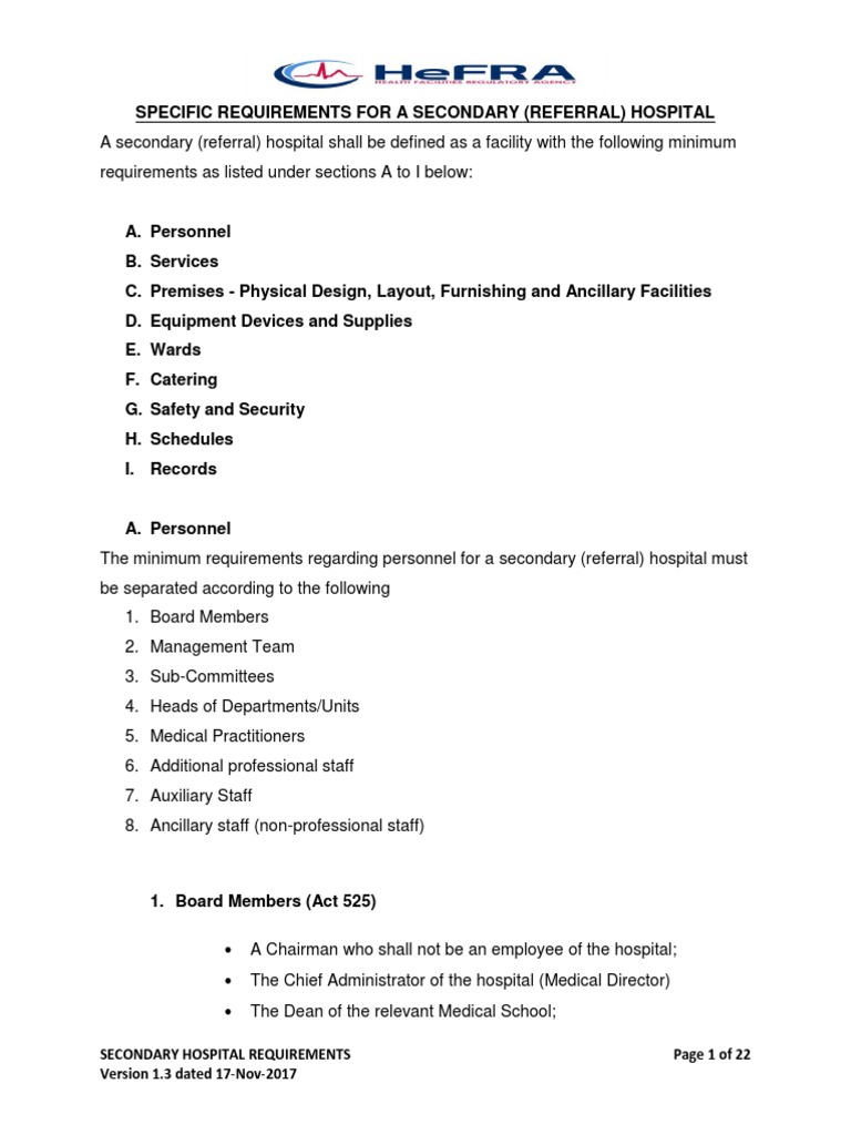 Secondary Hospital Requirements Guide | PDF | Nursing | Pharmacy
