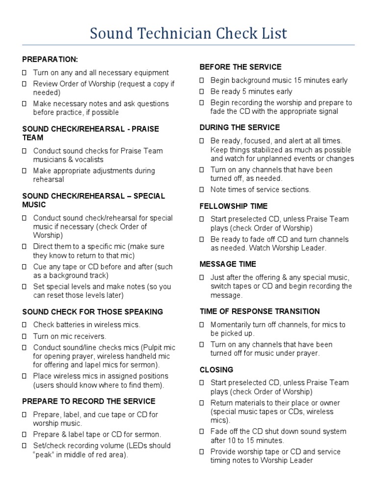 Sound Technician Check List - Handout | PDF | Microphone | Sound