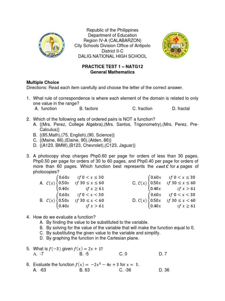 Genmath Practice Test 1 | PDF | Function (Mathematics) | Logarithm