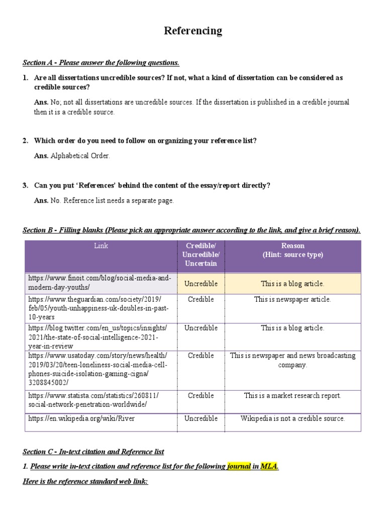 Referencing: Credible/ Uncredible/ Uncertain Reason (Hint: Source Type ...
