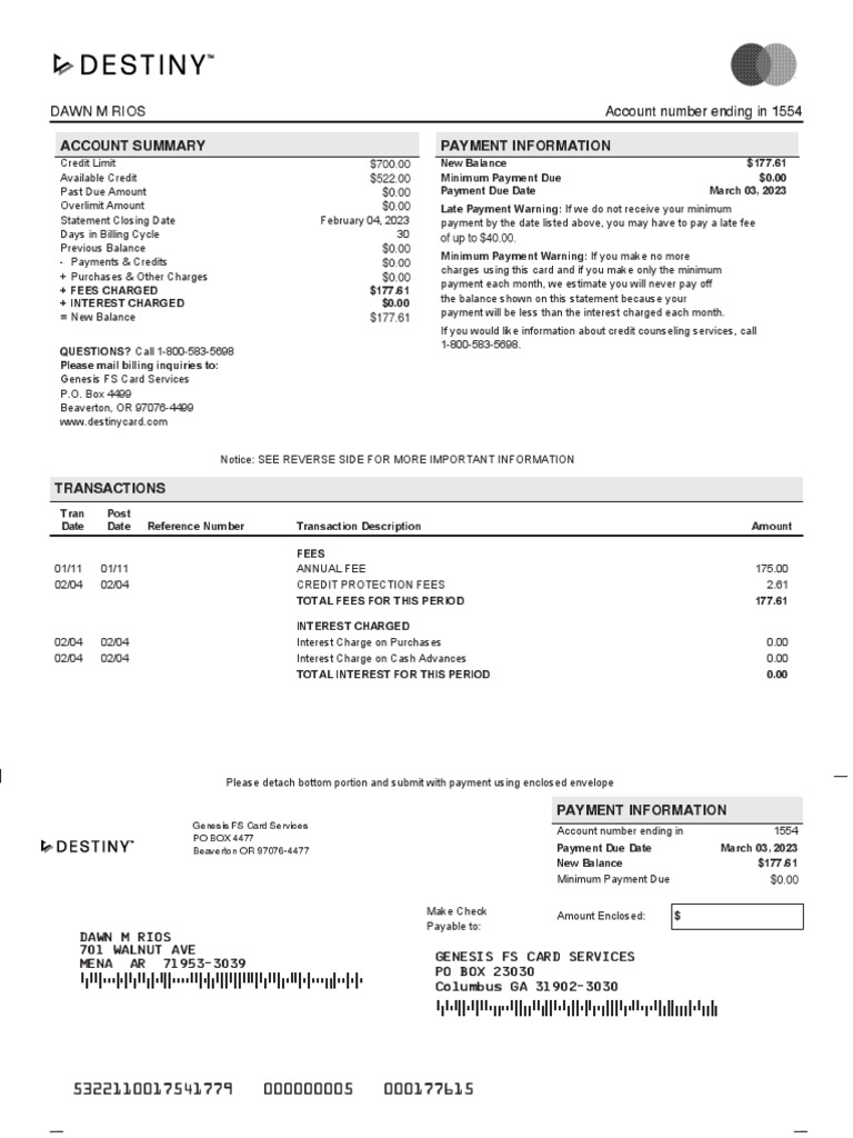 Dawn M Rios 701 Walnut Ave MENA AR 71953-3039 Genesis Fs Card Services ...