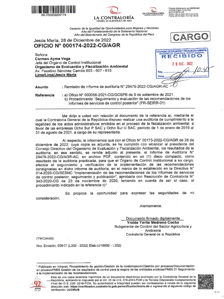 CARGO OCI OEFA - Oficio-174-2022-CG-AGR | PDF