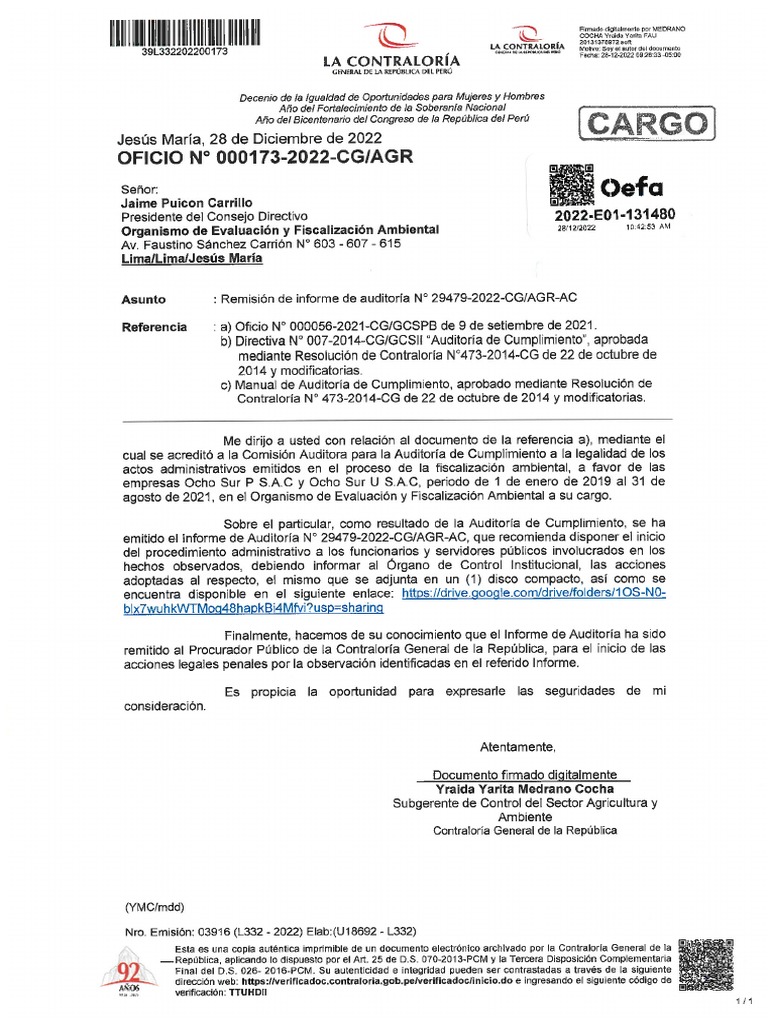 Cargo Oficio-000173-2022-Agr (Oefa) | PDF