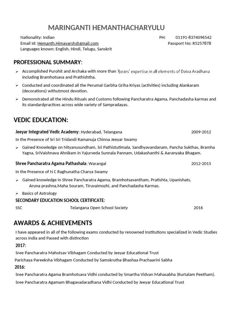 Profile of Archaka Hemanth Maringanti | PDF | Theistic Indian ...