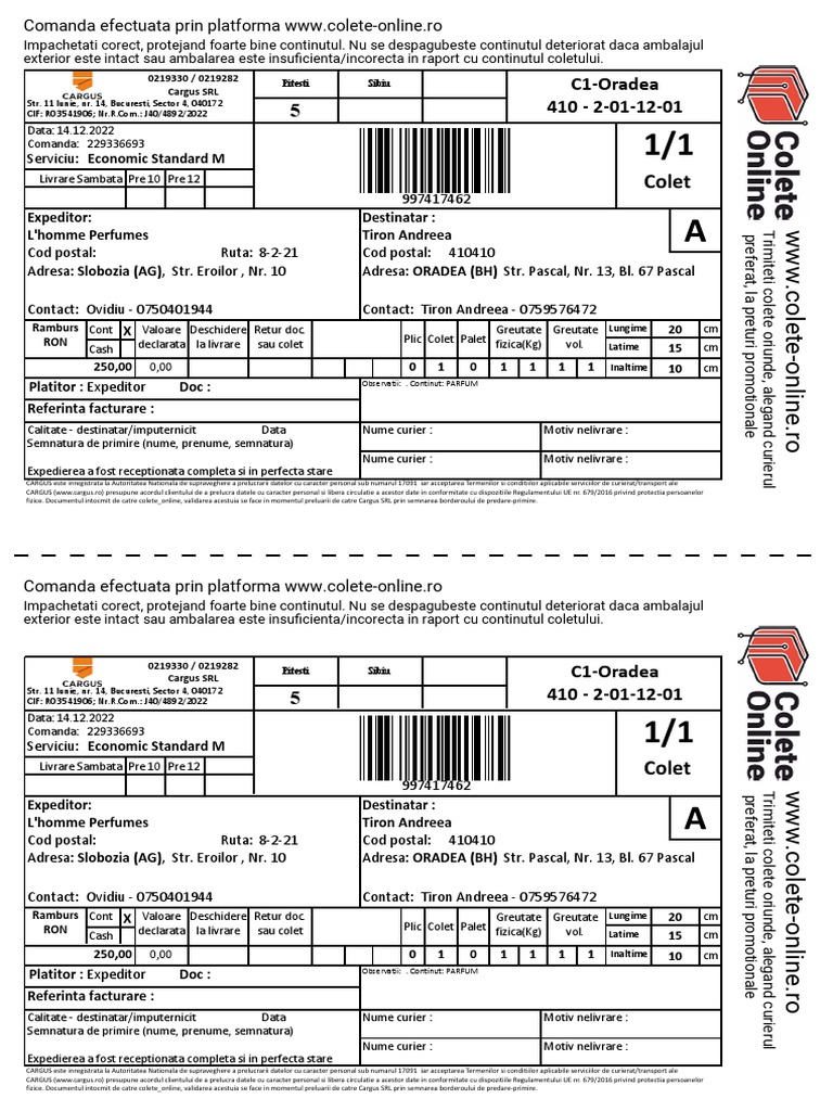 Awb Colete Online 14122022 Cargus 997417462 A4 PDF | PDF