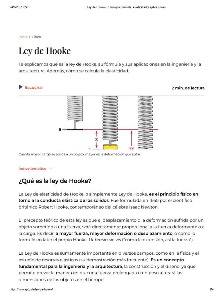 Ley de Hooke - Concepto, Fórmula, Elasticidad y Aplicaciones | PDF | Elasticidad (Física) | Fuerza