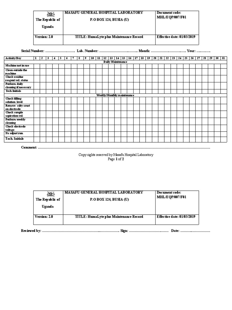 HumaLyte Plus Maintenance Log | PDF | Technology & Engineering