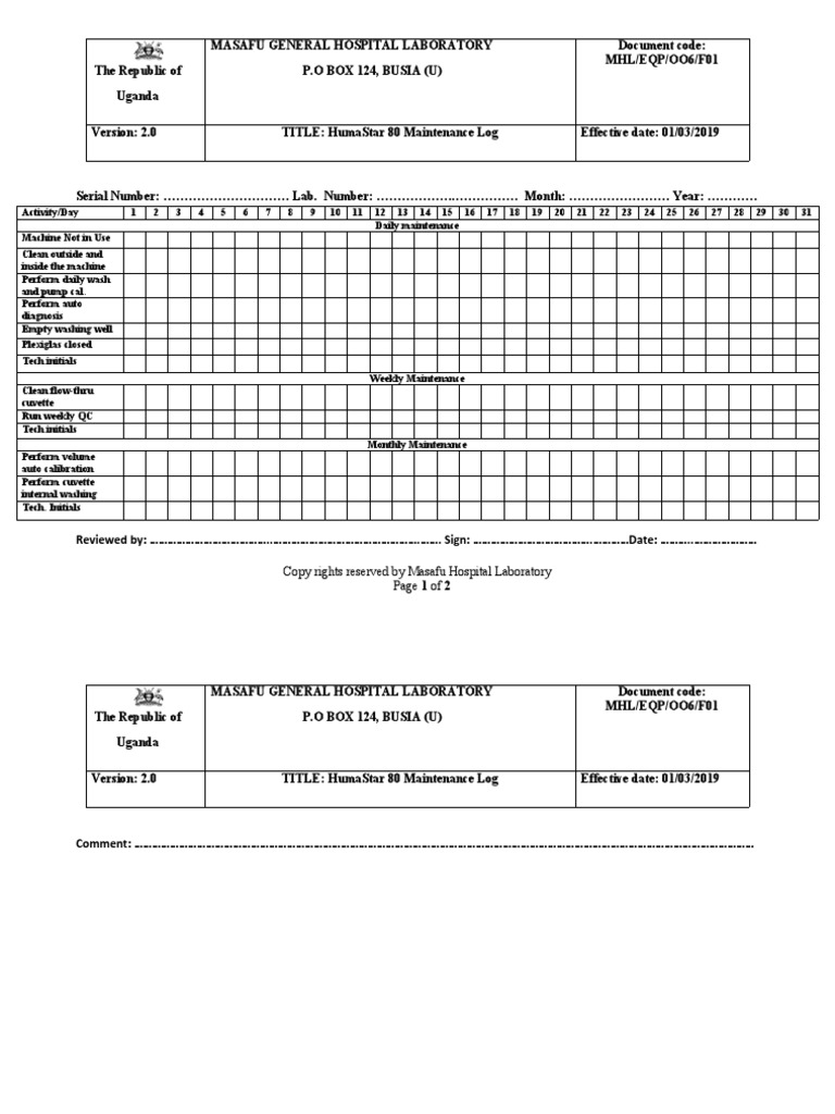 HumaStar 80 Maintenance Record | PDF