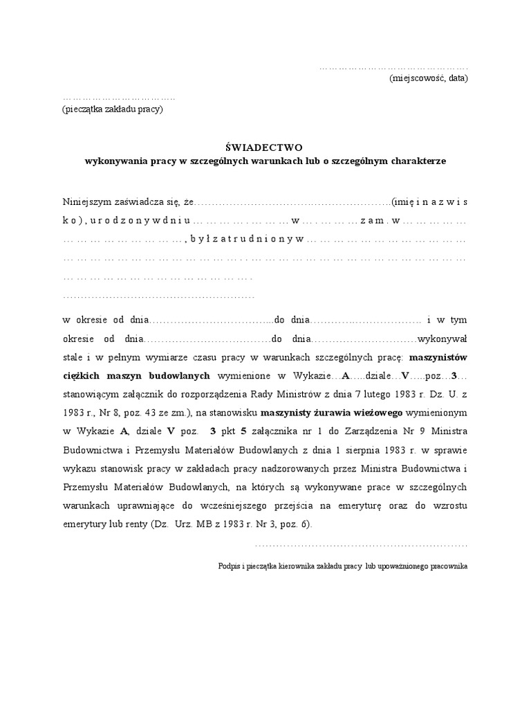 Jacek Swiadectwo - Pracy-Warunki Szczególne. Wzór | PDF
