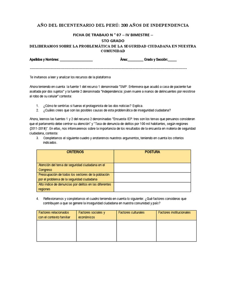 FICHA DE TRABAJO DPCC #07 IV BIM 5to | PDF