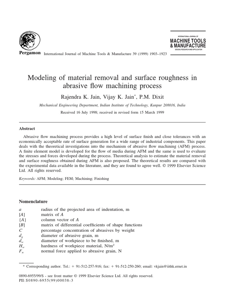 Modeling of Material Removal and Surface Roughness in Abrasive Flow Machining Process | PDF