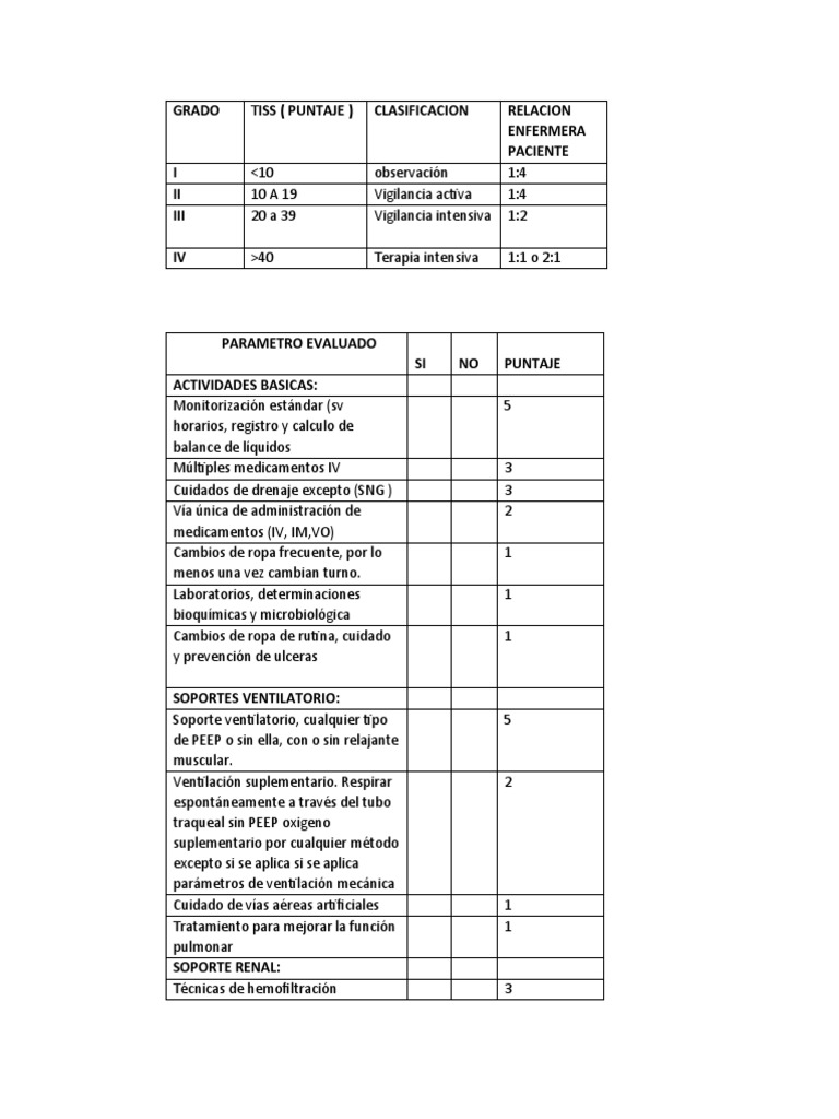 Escala TISS-28: Clasificación y Puntajes | PDF | Unidad de Cuidados ...
