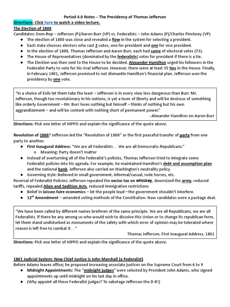 Period 4.0 Notes - The Presidency of Thomas Jefferson | Download Free ...