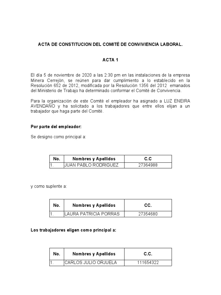Acta de Constitución Del Comite de Convivencia Laboral COCOLA | PDF ...