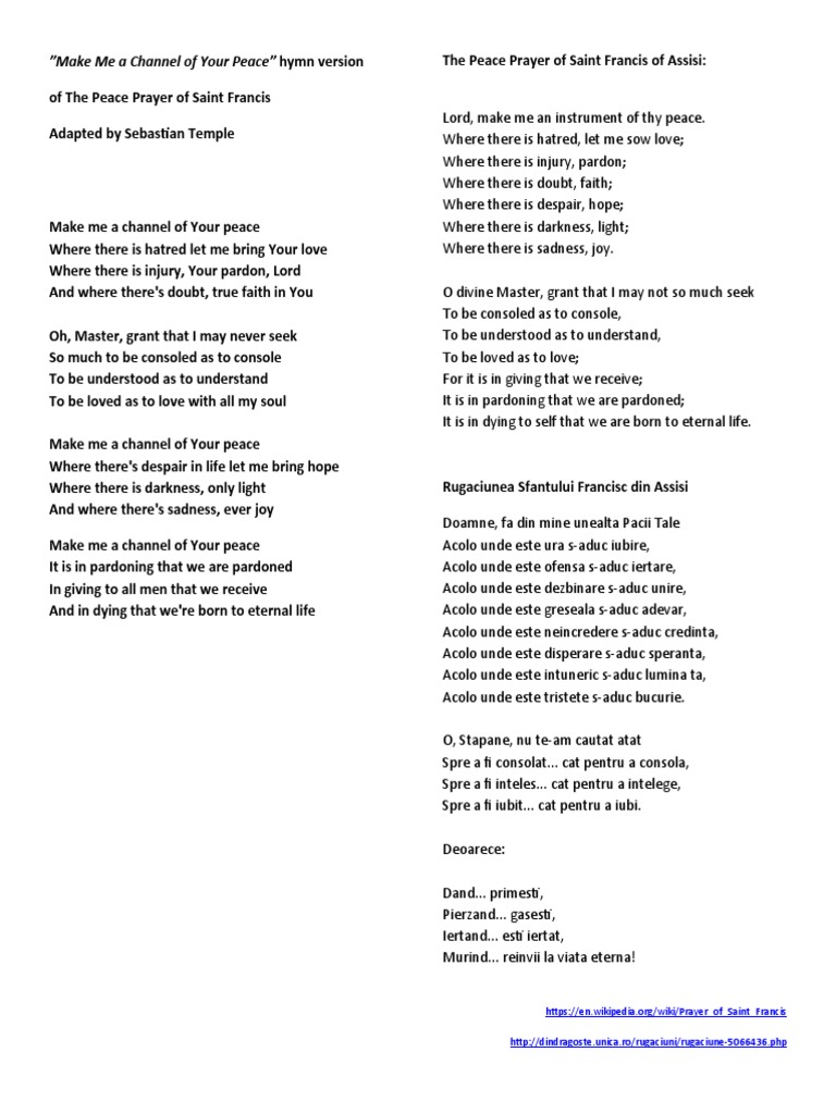 Rugăciunea Sf. Francisc de Assisi - Make Me A Channel of Your Peace ...