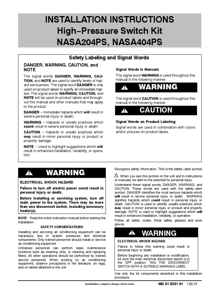 Installation Instructions High Pressure Switch Kit NASA204PS, NASA404PS ...
