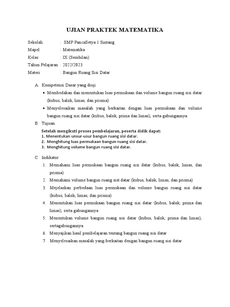 Ujian Praktek Matematika 2022 2023 Pdf