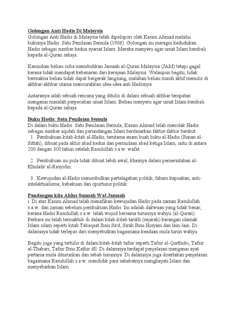Golongan Anti Hadis Di Malaysia | PDF