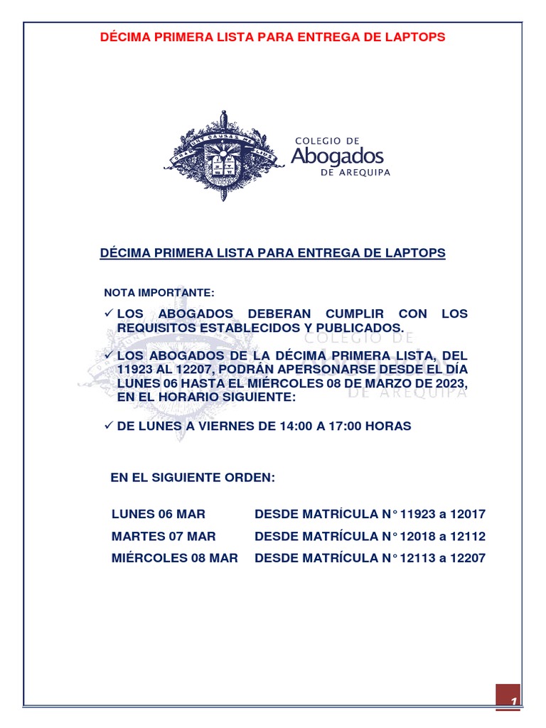 Decima Primera Lista para Entrega de Laptops Caa 1 | PDF