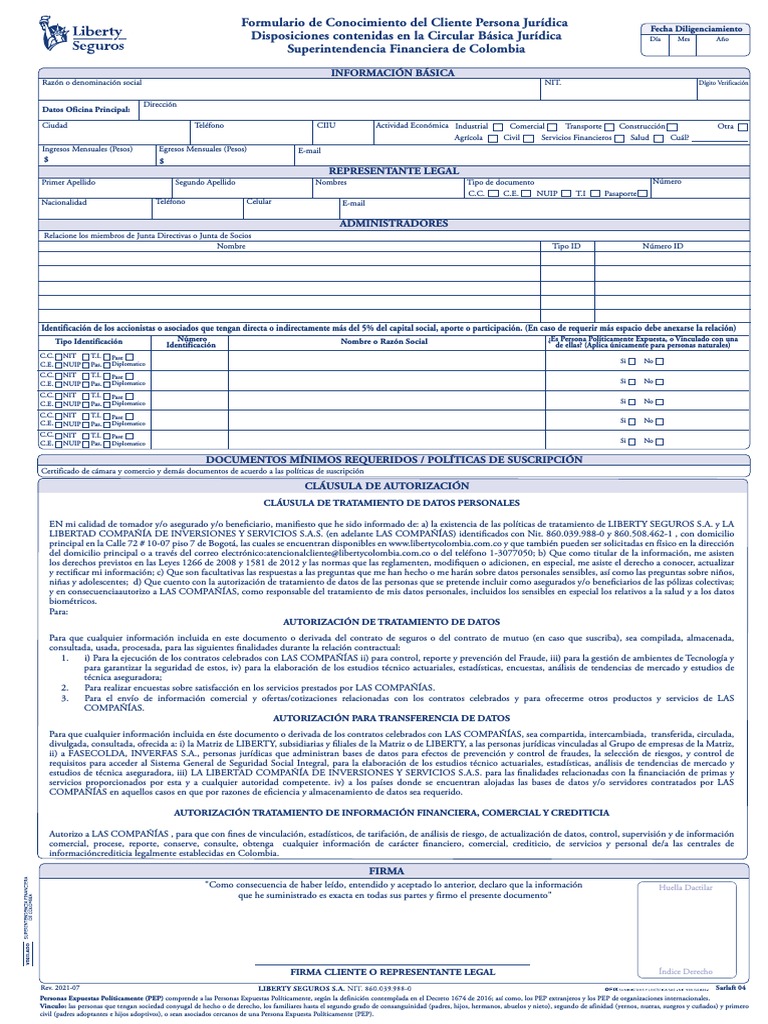 Formulario Conocimiento Cliente Jurídico | PDF | Seguro | Información