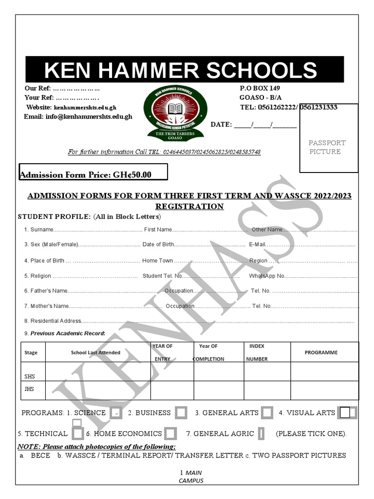 KEN HAMMER SCHOOLS Form 3 Admission Form | PDF | Payments | Banks
