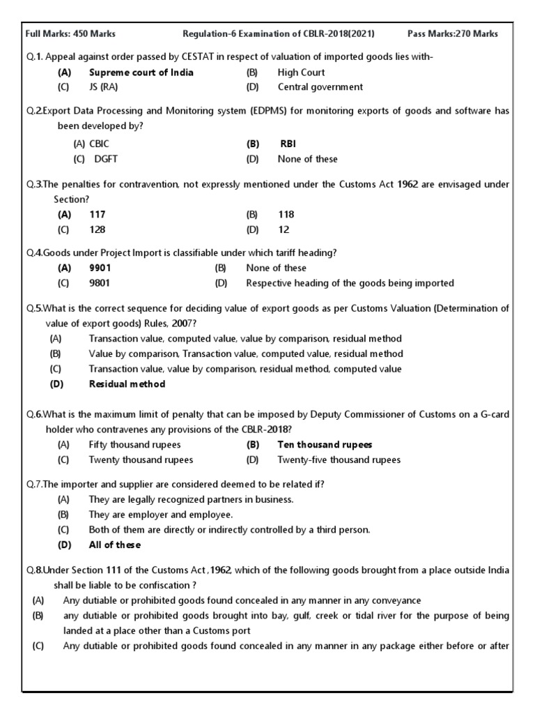 Customs Exam Questions and Answers 2021 | PDF | Customs | Taxes