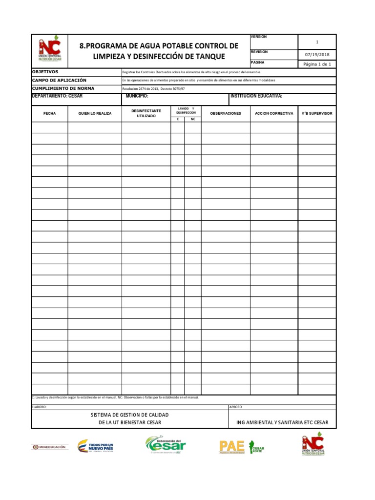FORMATO Control de Limpieza y Desinfeccion de Tanque PDF | PDF