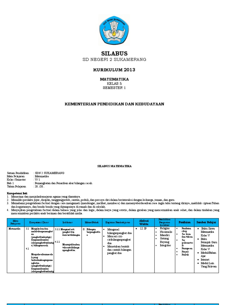 Silabus 9 MTK Kelas 5 Ganjil 9 Komponen | PDF