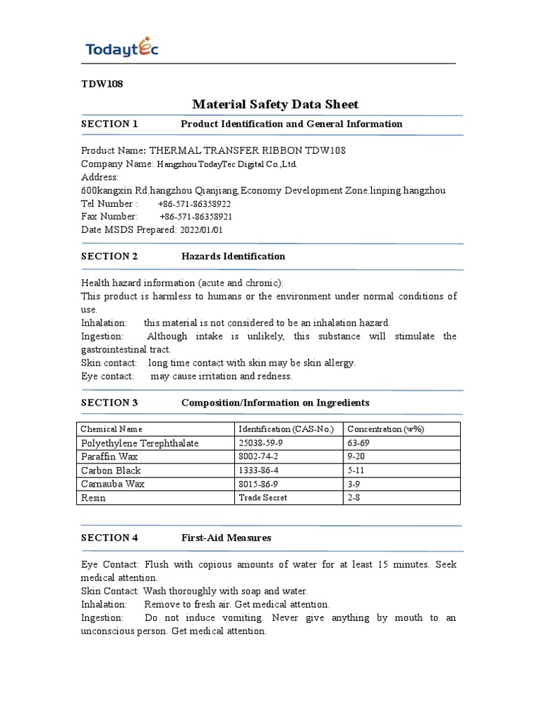 A Comprehensive Material Safety Data Sheet for Thermal Transfer Ribbon TDW108 | PDF | Toxicity ...
