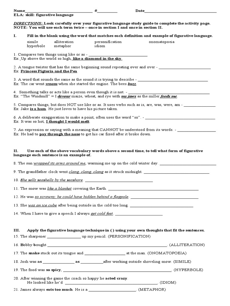Figurative Language Study Guide Activity | PDF | Language Mechanics ...