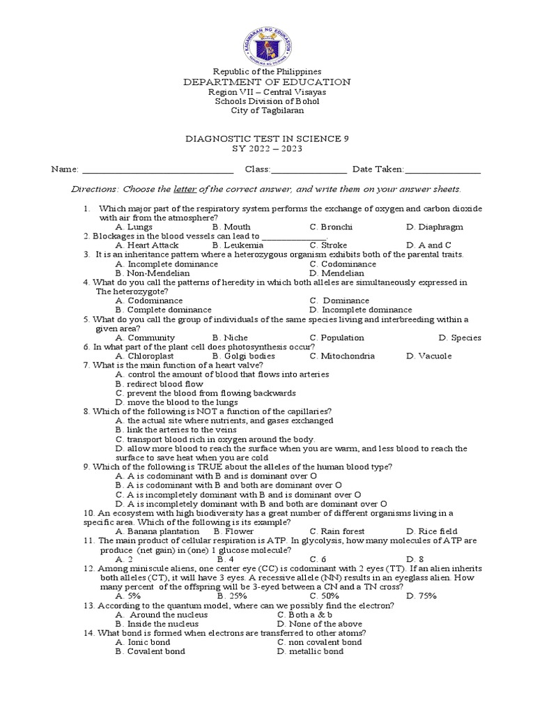Diagnostic Test in Science 9 Review | PDF | Chemical Bond | Mole (Unit)