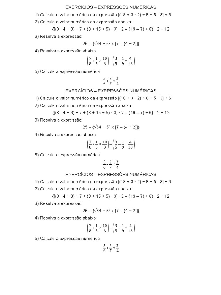 Expressoes Numéricas Exercicios | PDF