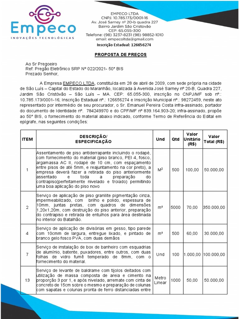 Proposta de Precos 50 BIS - PE 022 - Adequada 2 | PDF