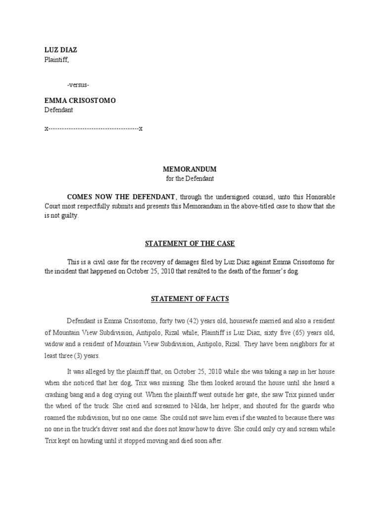 Memorandum of Arguments For The Defendant | PDF | Negligence | Legal Liability