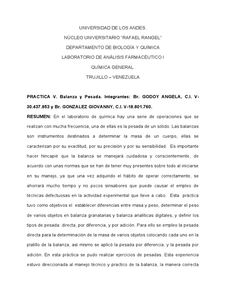 Informe Quimica Practica V | Descargar gratis PDF | Balanza | Masa Informe Quimica Practica V | Descargar gratis PDF | Balanza | Masa