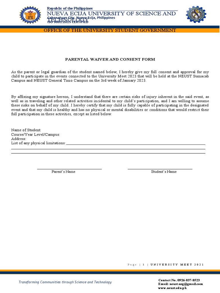 Consent and Waiver Form For Umeet 2023 | PDF