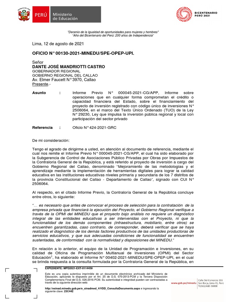 Oficio 130-2021 MINEDU | PDF | Evaluación | Ministerio (Departamento de Gobierno)