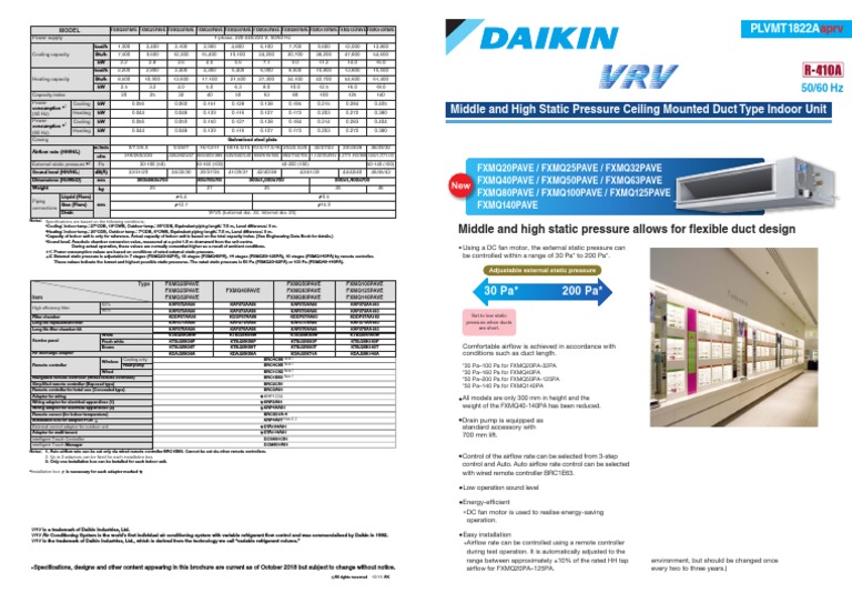 Daikin VRV FXMQ Medium Static Concealed Ducted Indoor Unit Brochure | PDF | Air Conditioning ...