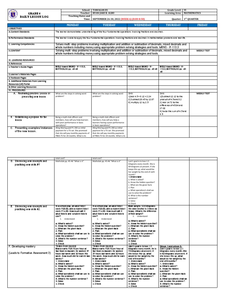 DLL Mathematics 6 Week 6 | PDF | Multiplication | Learning